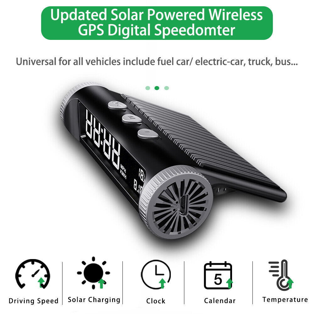 Updated Solar-powered GPS HUD S200 Wireless Digital Speedometer KMH MP ...